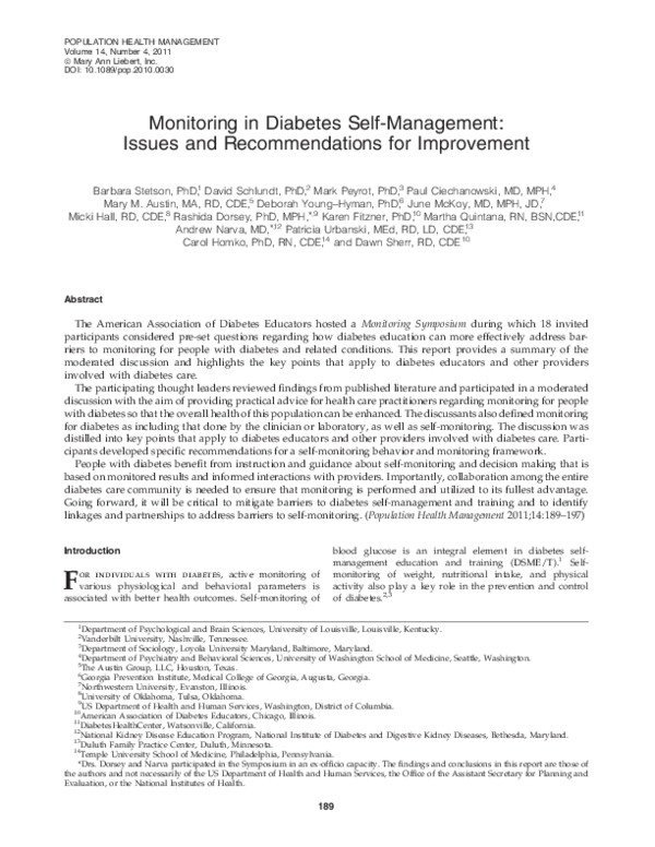 Pdf Monitoring In Diabetes Self Management Issues And Recommendations For Improvement