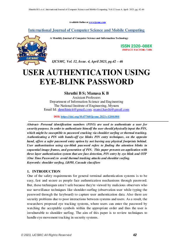 (PDF) USER AUTHENTICATION USING EYE-BLINK PASSWORD | IJCSMC Journal, Shruthi B S, and Manasa K B ...