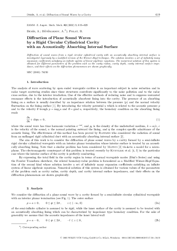 (PDF) Diffraction of Plane Sound Waves by a Rigid Circular Cylindrical Cavity with an ...