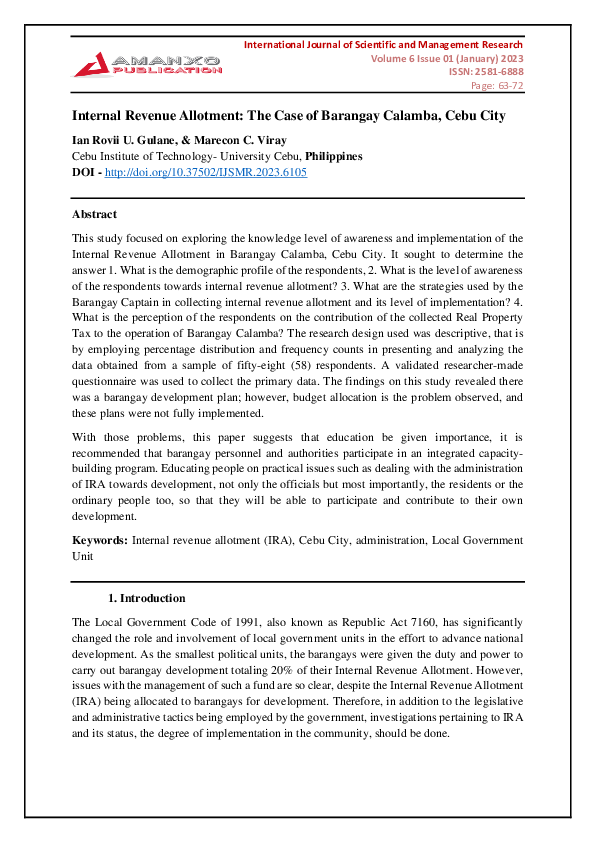 (PDF) Internal Revenue Allotment: The Case of Barangay Calamba, Cebu City