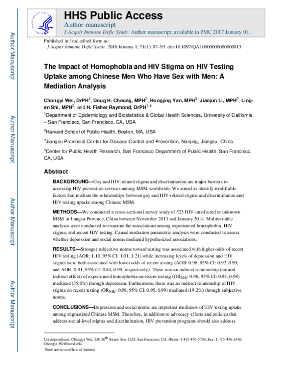 Pdf The Impact Of Homophobia And Hiv Stigma On Hiv Testing Uptake