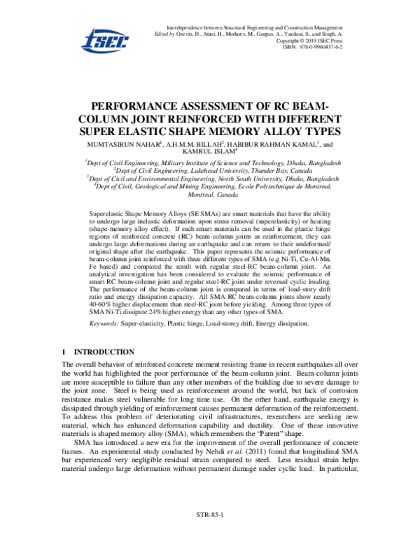 (PDF) Performance Assessment of RC Beam-Column Joint Reinforced with Different Super Elastic ...