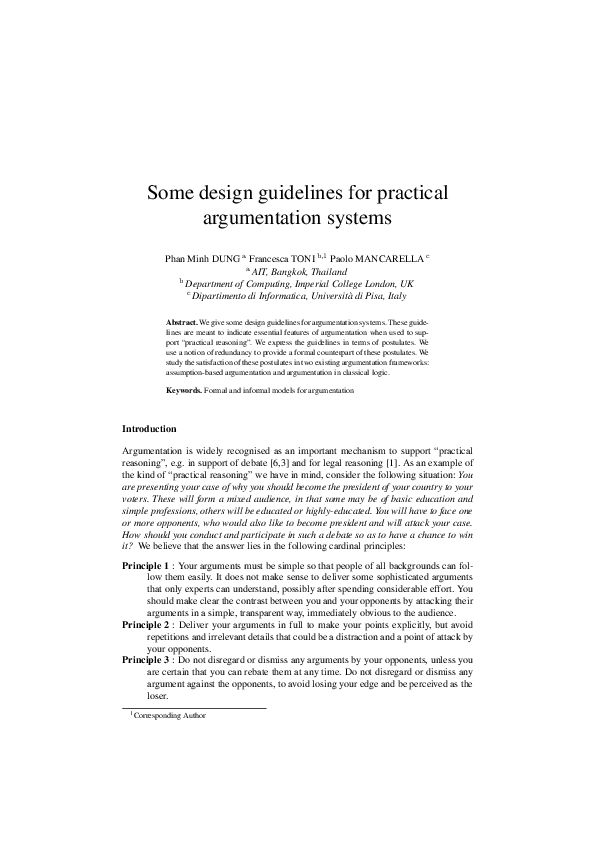 Pdf Some Design Guidelines For Practical Argumentation Systems