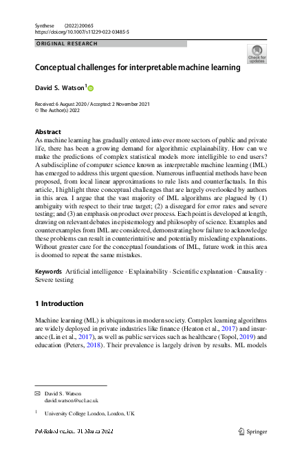 (PDF) Conceptual Challenges for Interpretable Machine Learning