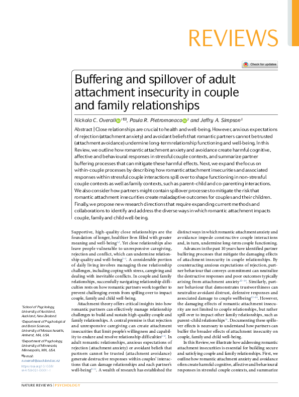 Pdf Buffering And Spillover Of Adult Attachment Insecurity In Couple
