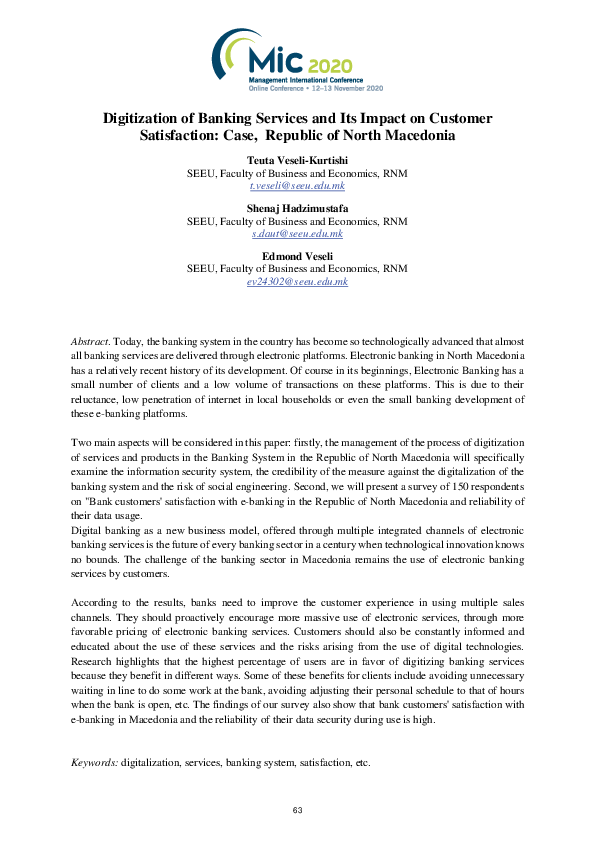(PDF) Digitization of Banking Services and Its Impact on Customer Satisfaction: Case, Republic ...