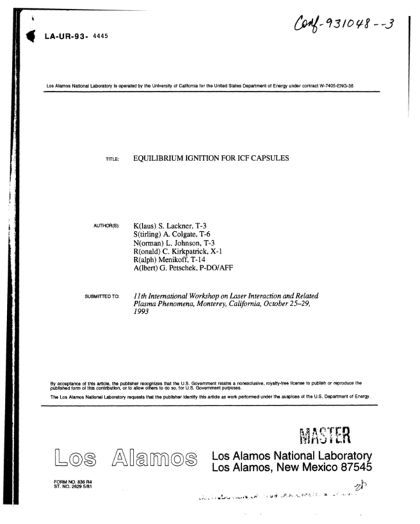 (PDF) Equilibrium ignition for ICF capsules