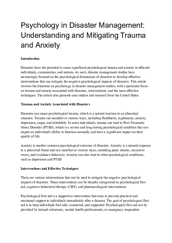(PDF) Psychology in Disaster Management: Understanding and Mitigating ...