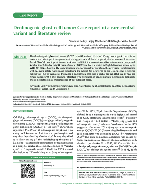 (PDF) Dentinogenic ghost cell tumor: Case report of a rare central ...