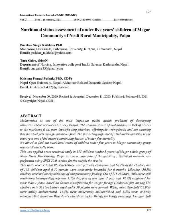 (PDF) Nutritional status assessment of under five years’ children of ...