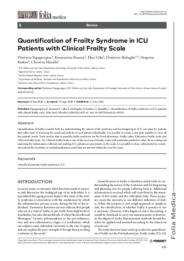 (PDF) Quantification of Frailty Syndrome in ICU Patients with Clinical ...