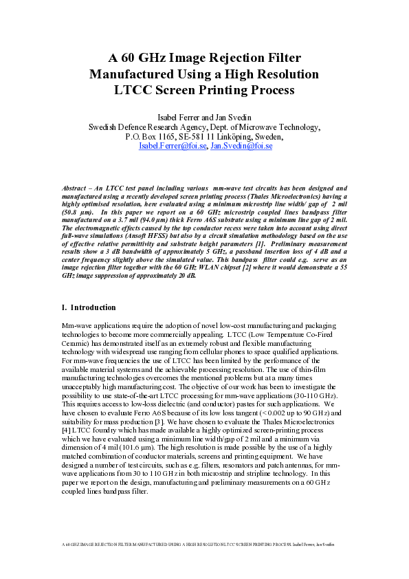 (PDF) A 60 GHz Image Rejection Filter Manufactured Using a High ...