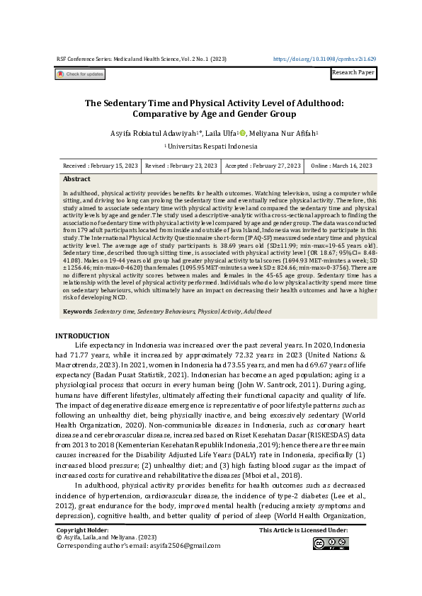 (PDF) The Sedentary Time and Physical Activity Level of Adulthood: Comparative by Age and Gender ...