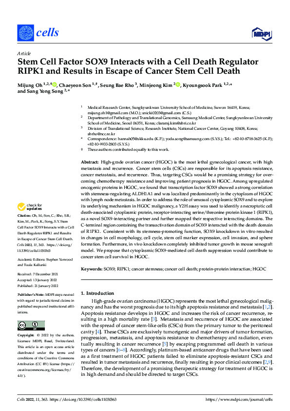 (PDF) Stem Cell Factor SOX9 Interacts with a Cell Death Regulator RIPK1 ...