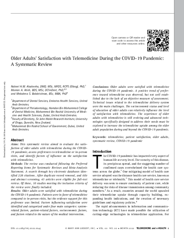 (PDF) Older Adults' Satisfaction with Telemedicine During the COVID-19 Pandemic: A Systematic Review
