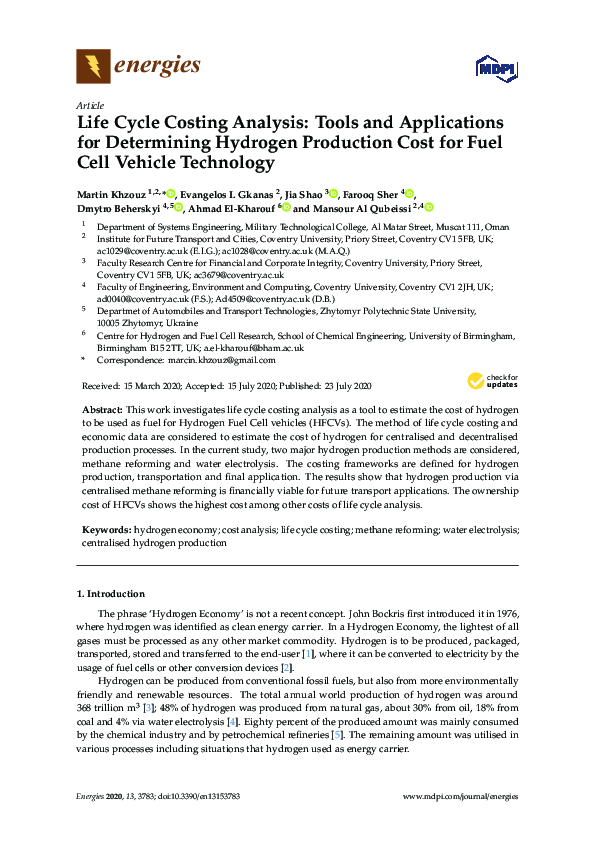 (PDF) Life Cycle Costing Analysis: Tools and Applications for Determining Hydrogen Production ...