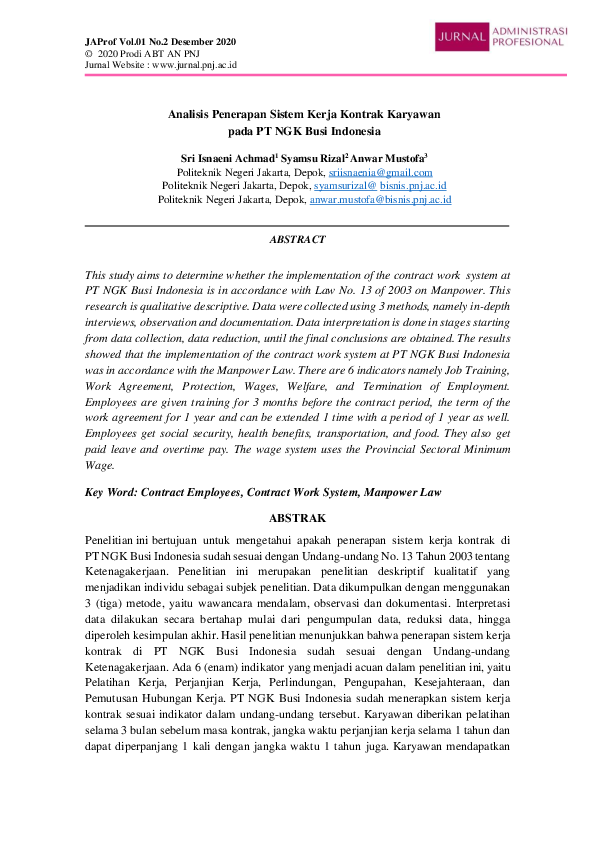 (PDF) Analisis Penerapan Sistem Kerja Kontrak Karyawan pada PT NGK Busi Indonesia