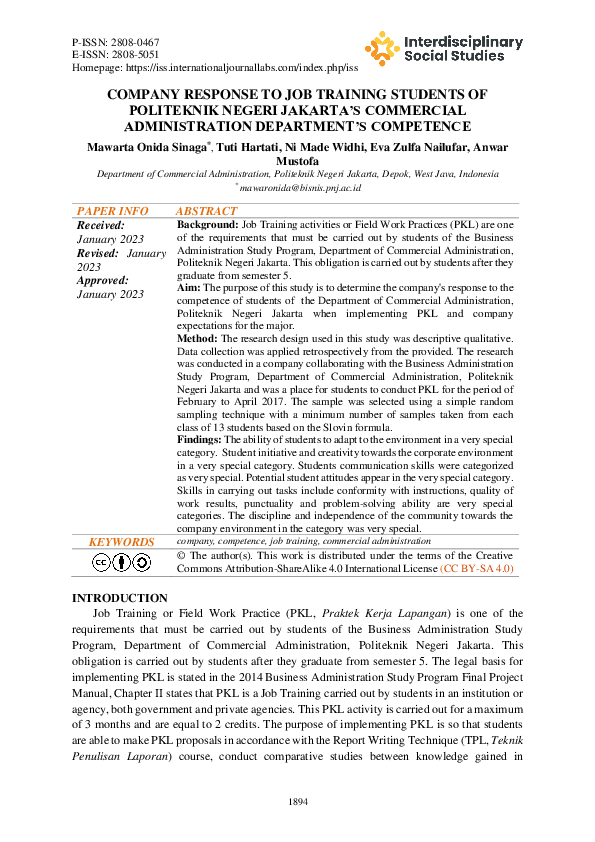 (PDF) Company Response to Job Training Students of Politeknik Negeri Jakarta’s Commercial ...
