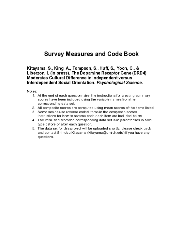 (PDF) Survey Measures and Code Book for the Kitayama et al ...