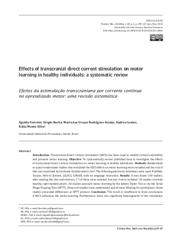 (PDF) Effects of transcranial direct current stimulation on motor learning in healthy ...