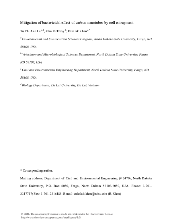 (PDF) Mitigation of bactericidal effect of carbon nanotubes by cell ...