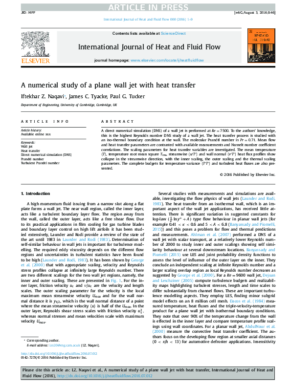 (PDF) A numerical study of a plane wall jet with heat transfer
