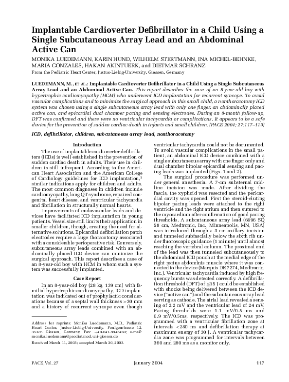 (PDF) Implantable Cardioverter Defibrillator in a Child Using a Single ...