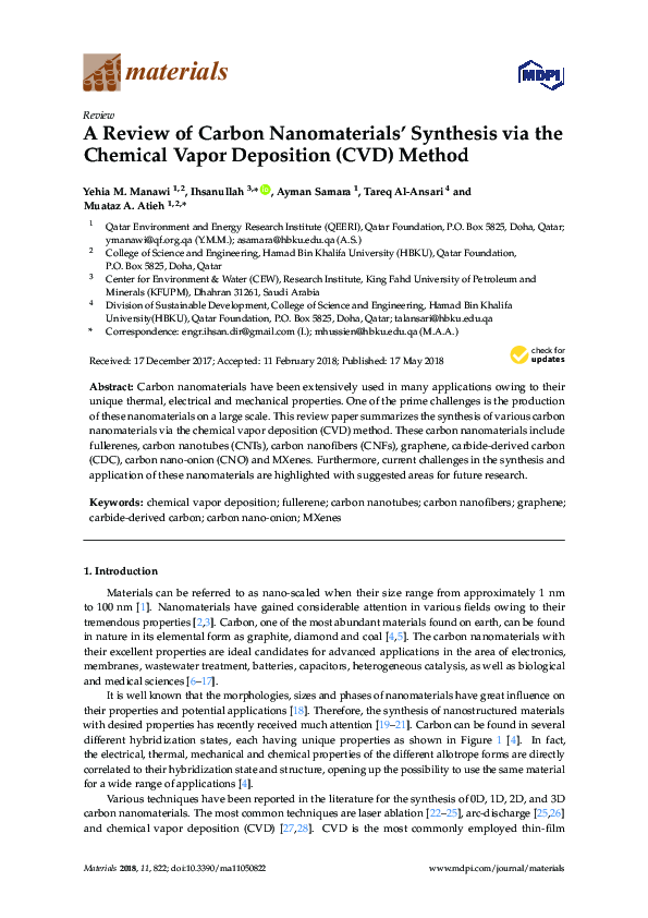 (PDF) A Review of Carbon Nanomaterials’ Synthesis via the Chemical Vapor Deposition (CVD) Method ...