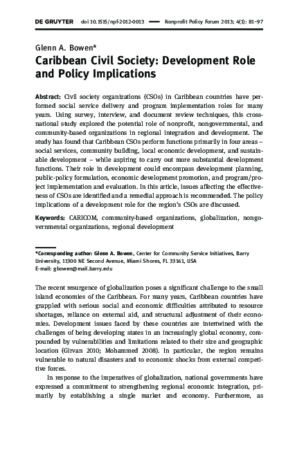 (PDF) Caribbean Civil Society: Development Role and Policy Implications