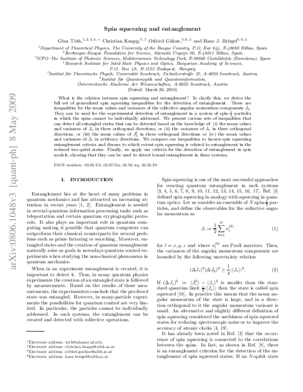 (PDF) Spin squeezing and entanglement