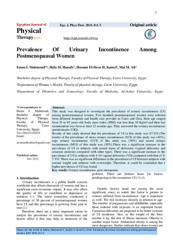 (PDF) Prevalence of Urinary Incontinence Among Postmenopausal Women