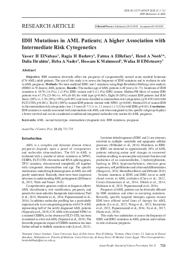 (PDF) IDH Mutations in AML Patients; A Higher Association with ...