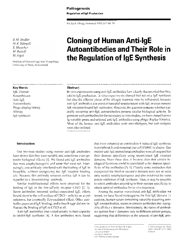 (PDF) Cloning of Human Anti-lgE Autoantibodies and Their Role in the Regulation of IgE Synthesis