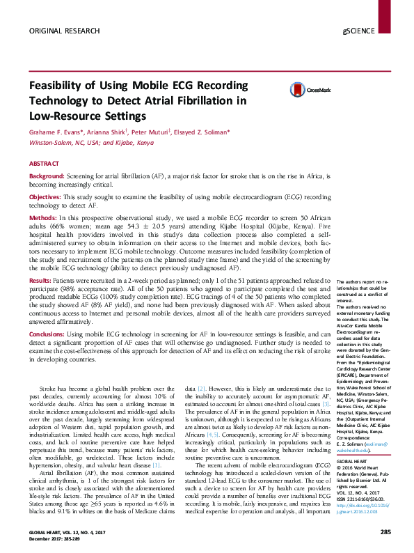 (PDF) Feasibility of Using Mobile ECG Recording Technology to Detect Atrial Fibrillation in Low ...