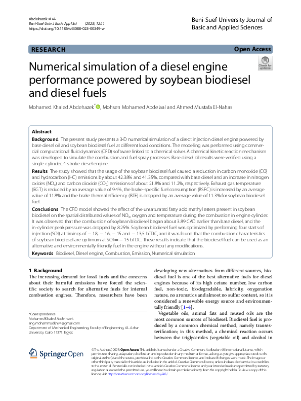 Pdf Numerical Simulation Of A Diesel Engine Performance Powered By Soybean Biodiesel And