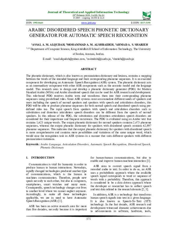(PDF) Arabic Disordered Speech Phonetic Dictionary Generator for Automatic Speech Recognition