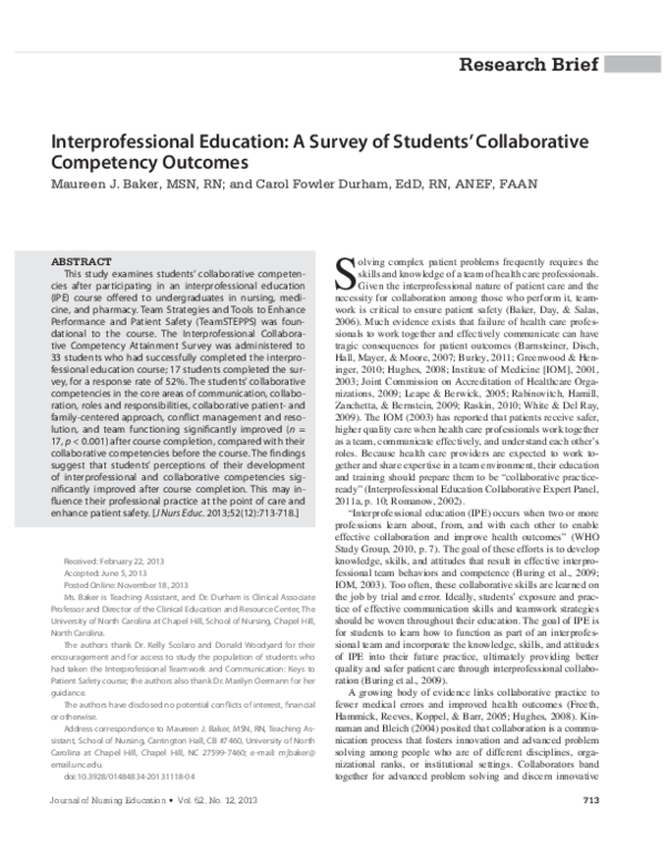 (PDF) Interprofessional Education: A Survey of Students’ Collaborative Competency Outcomes
