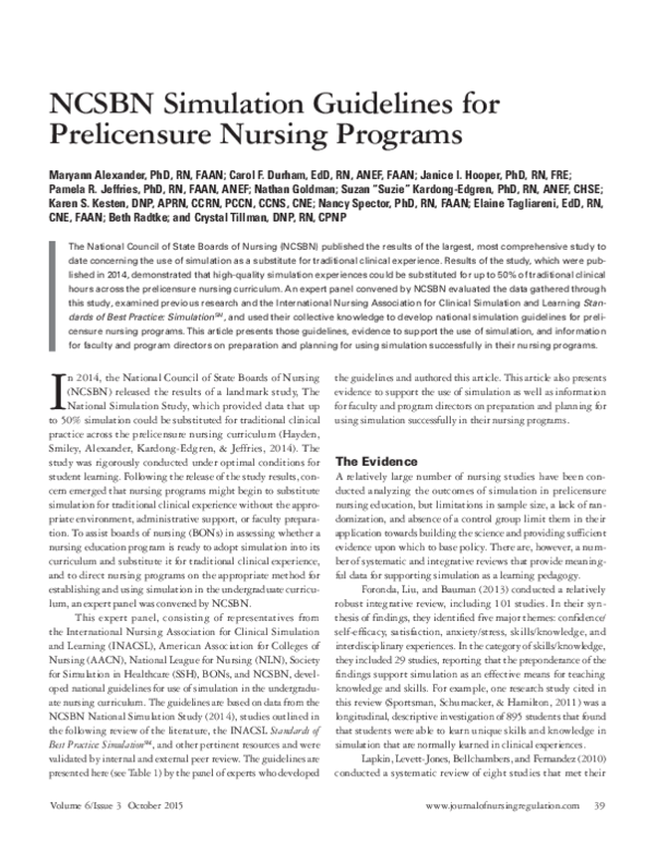 (PDF) NCSBN Simulation Guidelines for Prelicensure Nursing Programs