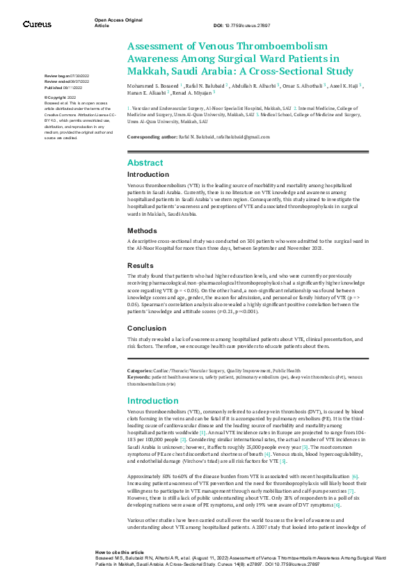 (PDF) Assessment of Venous Thromboembolism Awareness Among Surgical Ward Patients in Makkah ...