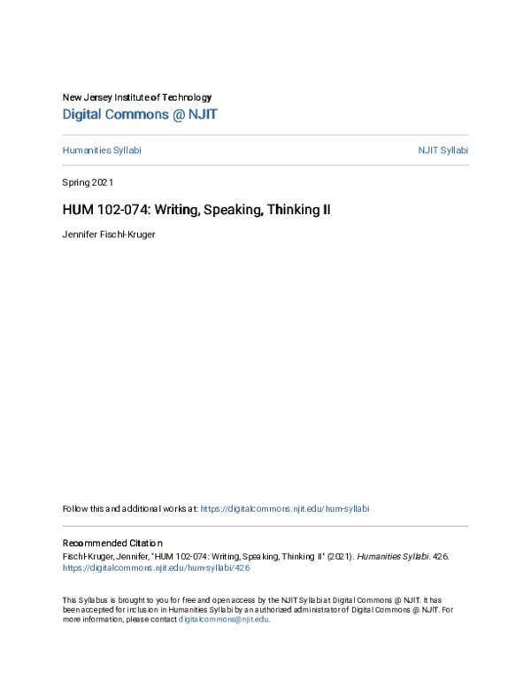 (PDF) HUM 102-074: Writing, Speaking, Thinking II