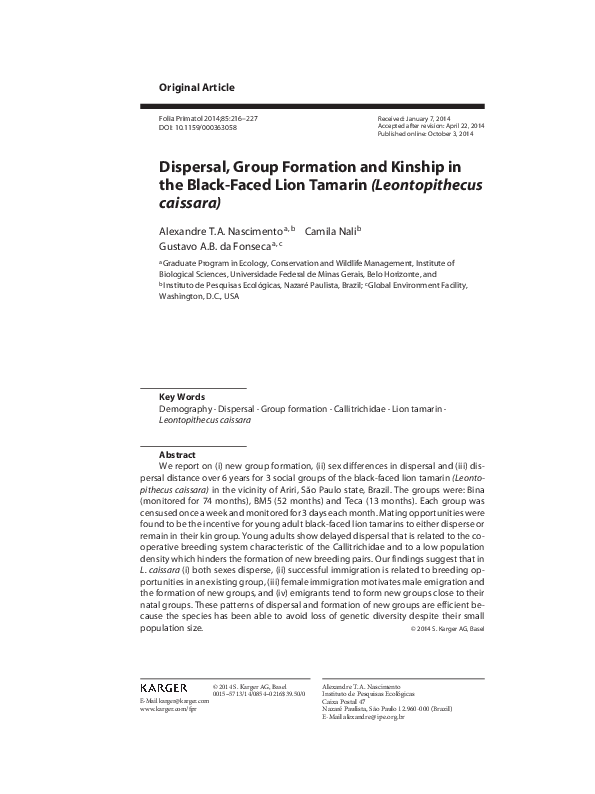(PDF) Dispersal, group formation and kinship in the black-faced lion ...