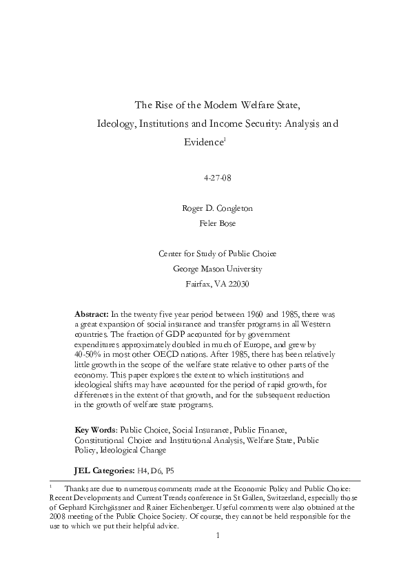 (PDF) The rise of the modern welfare state, ideology, institutions and ...