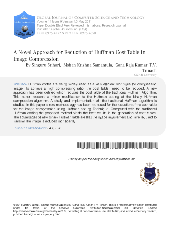 Pdf A Novel Approach For Reduction Of Huffman Cost Table In Image Compression