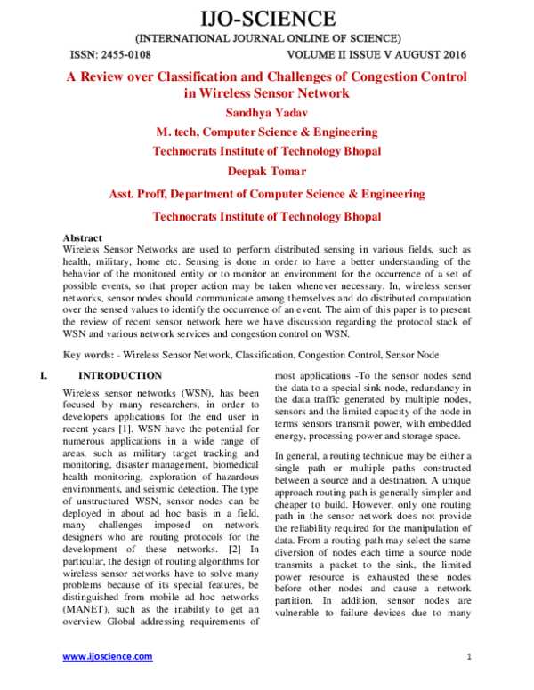 (PDF) A Review over Classification and Challenges of Congestion Control in Wireless Sensor Network
