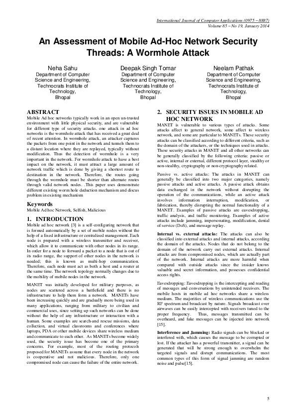 (PDF) An Assessment of Mobile Ad-Hoc Network Security Threads: A Wormhole Attack