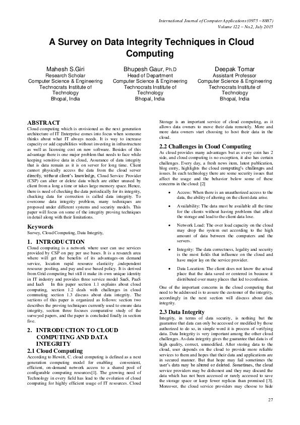 Pdf A Survey On Data Integrity Techniques In Cloud Computing 8279