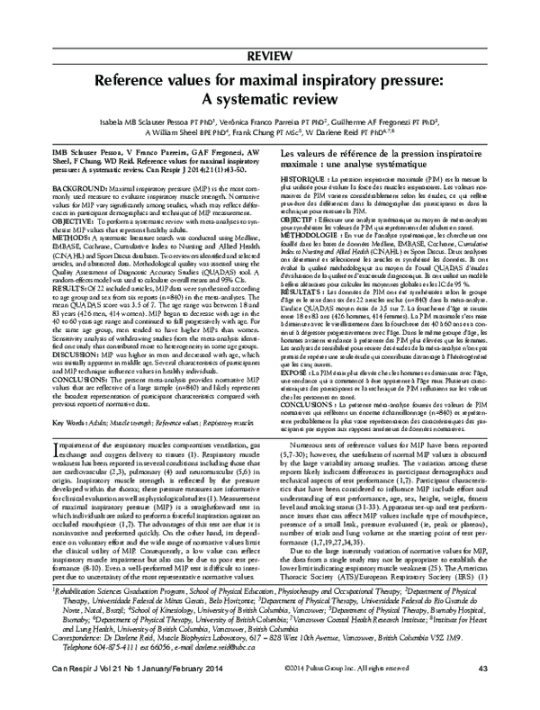 (PDF) Reference Values for Maximal Inspiratory Pressure: A Systematic ...