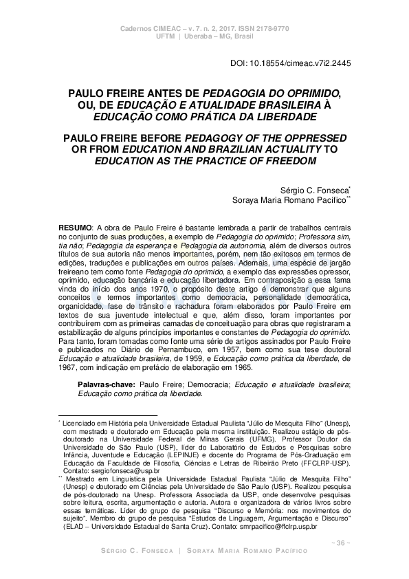 (PDF) Paulo Freire antes de "Pedagogia do Oprimido", ou, de "Educação e ...