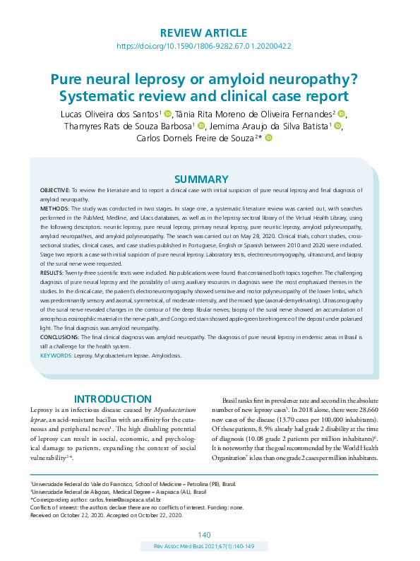 (PDF) Pure neural leprosy or amyloid neuropathy? Systematic review and clinical case report