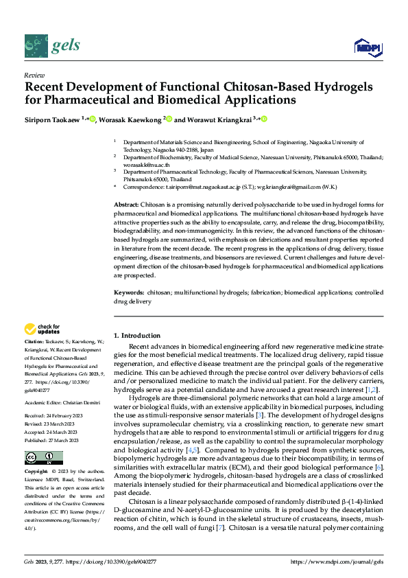(PDF) Recent Development of Functional Chitosan-Based Hydrogels for Pharmaceutical and ...